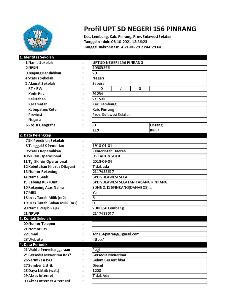 Profil Pendidikan UPT SD NEGERI 156 PI (08-10-2021 13 - 36 - 23) | PDF