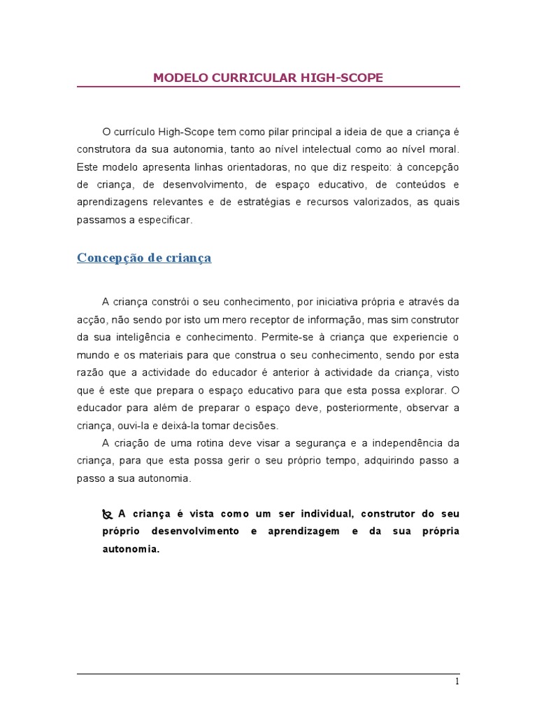Modelo currícular High-Scope: aprendizagem ativa e construção do ...