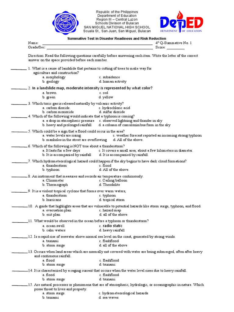 Disaster Readiness and Risk Reduction Summative Test | PDF | Fires ...