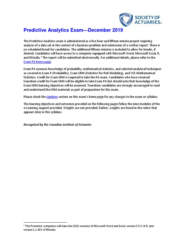 Predictive Analytics Exam December 2019 Exam Pa Home Page Pdf