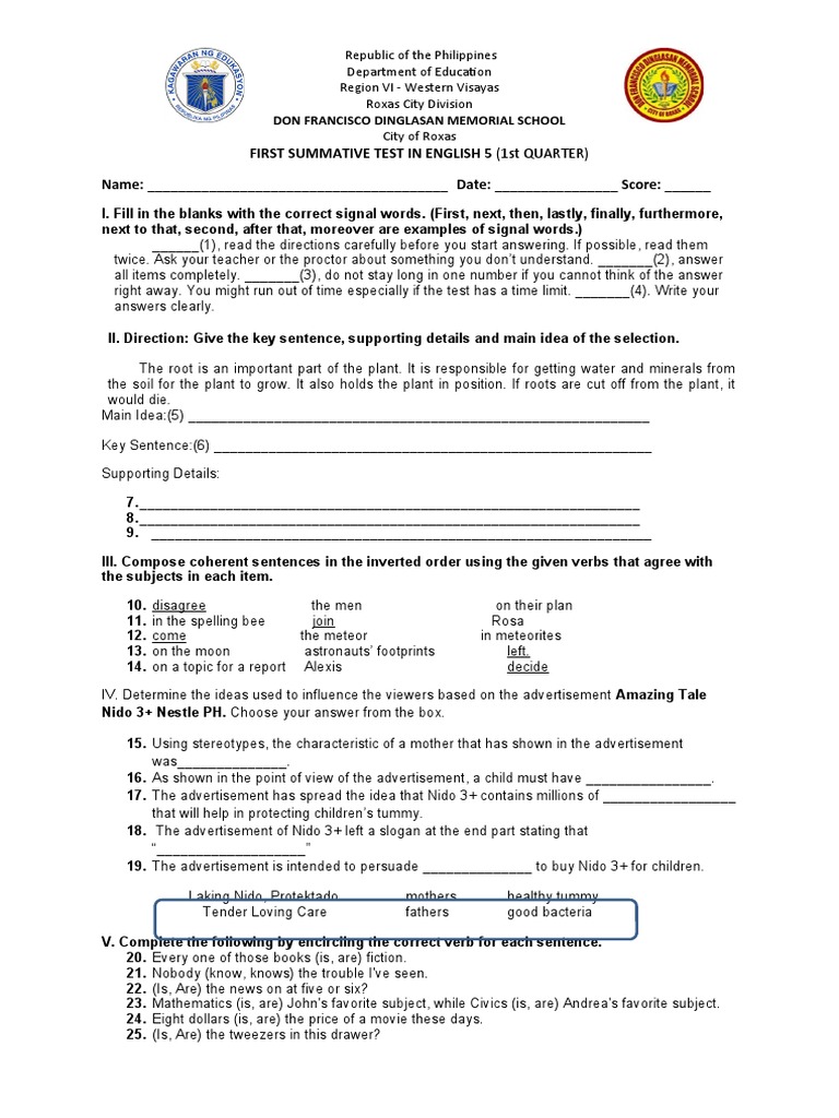 English 5 First Summative Test Guide | PDF | Advertising | Cognition