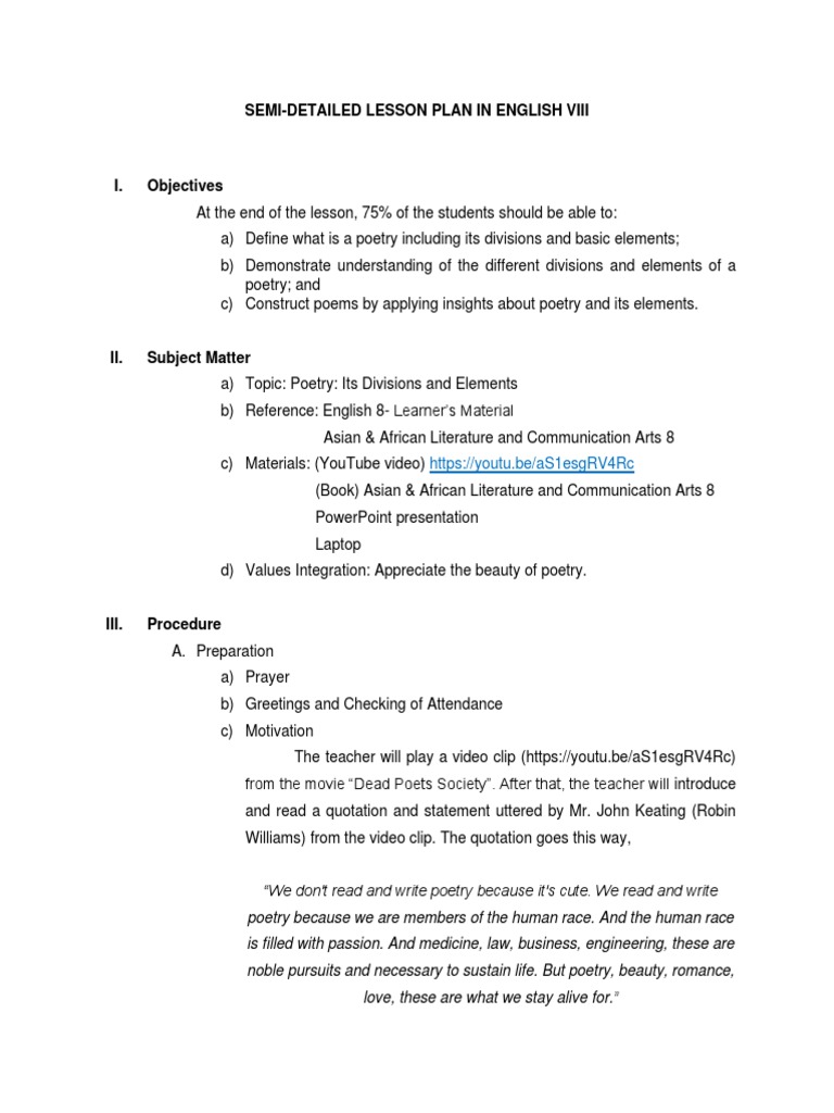 Group 5 (Semi-Detailed Lesson Plan in English 8 - Poetry) | PDF | Poetry