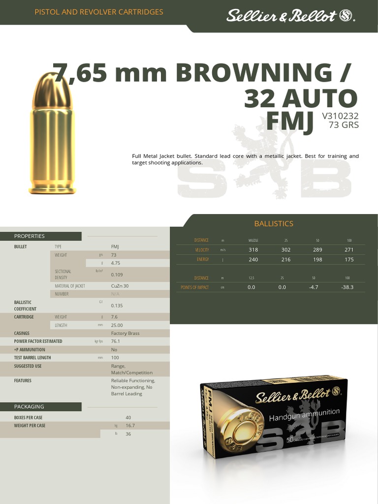 SB Datasheet 7 65 MM BROWNING 32 AUTO FMJ 73GRS V310232 | PDF | Gun ...