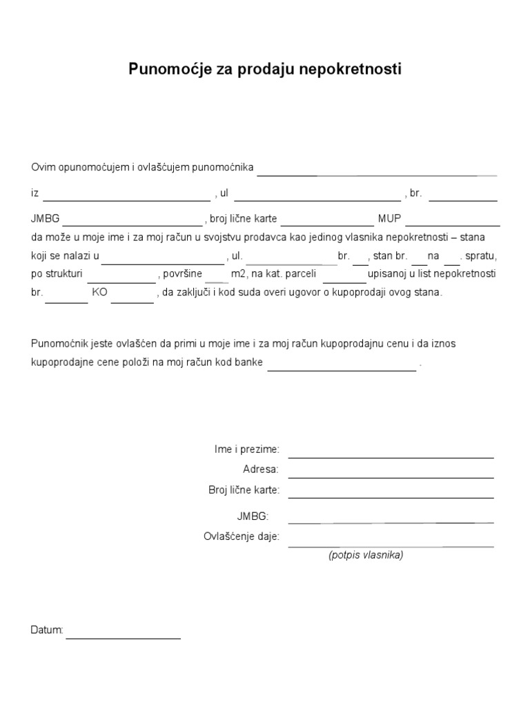 Punomoćje Za Prodaju Nepokretnosti | PDF