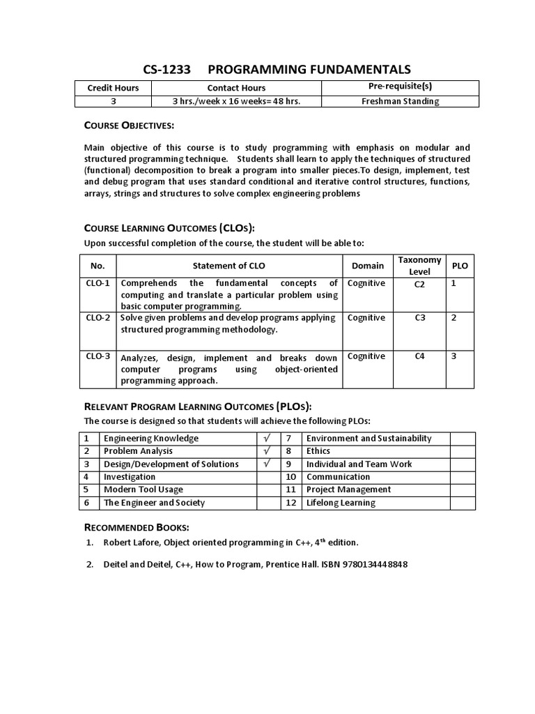 Programming Fundamentals Course Description Pdf Class Computer Programming Pointer