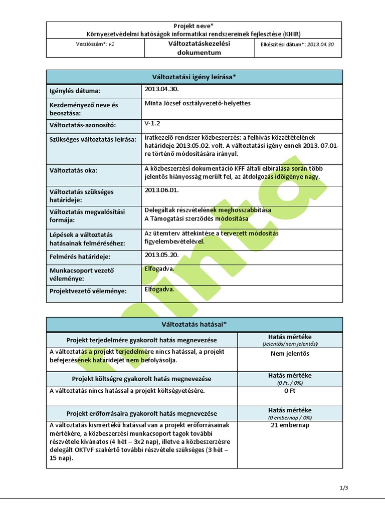 10-1 - Valtoztataskezelesi Dokumentum - Sablon - Minta - v2.0 | PDF