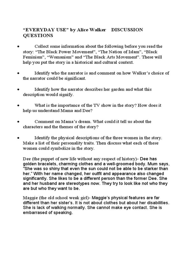 Alice Walker Everyday Use-Discussion Questions | PDF | Critical Theory