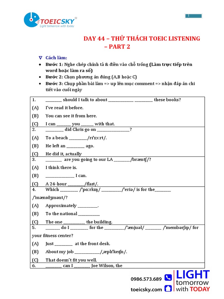 Day 44 - TH Thách Toeic Listening - Part 2: Cách Làm | PDF