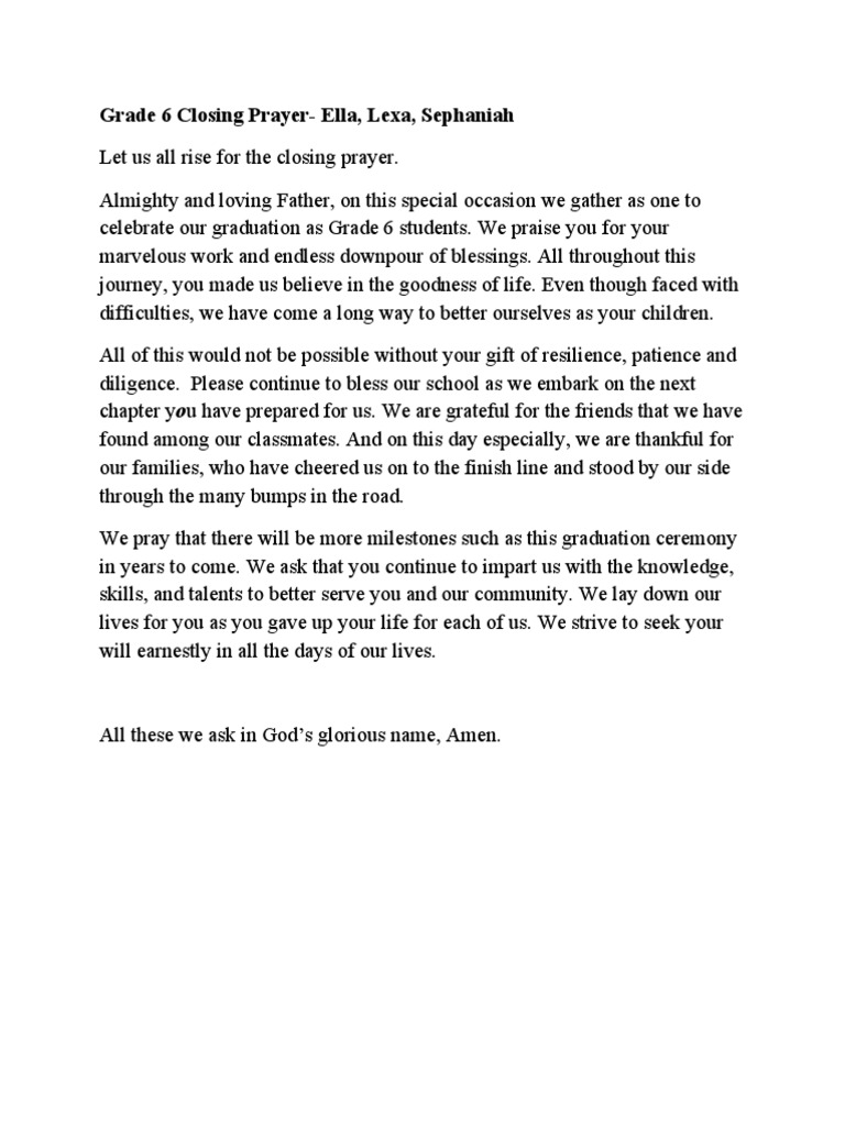 Grade 6 Closing Prayer-Ella, Lexa, Sephaniah | PDF