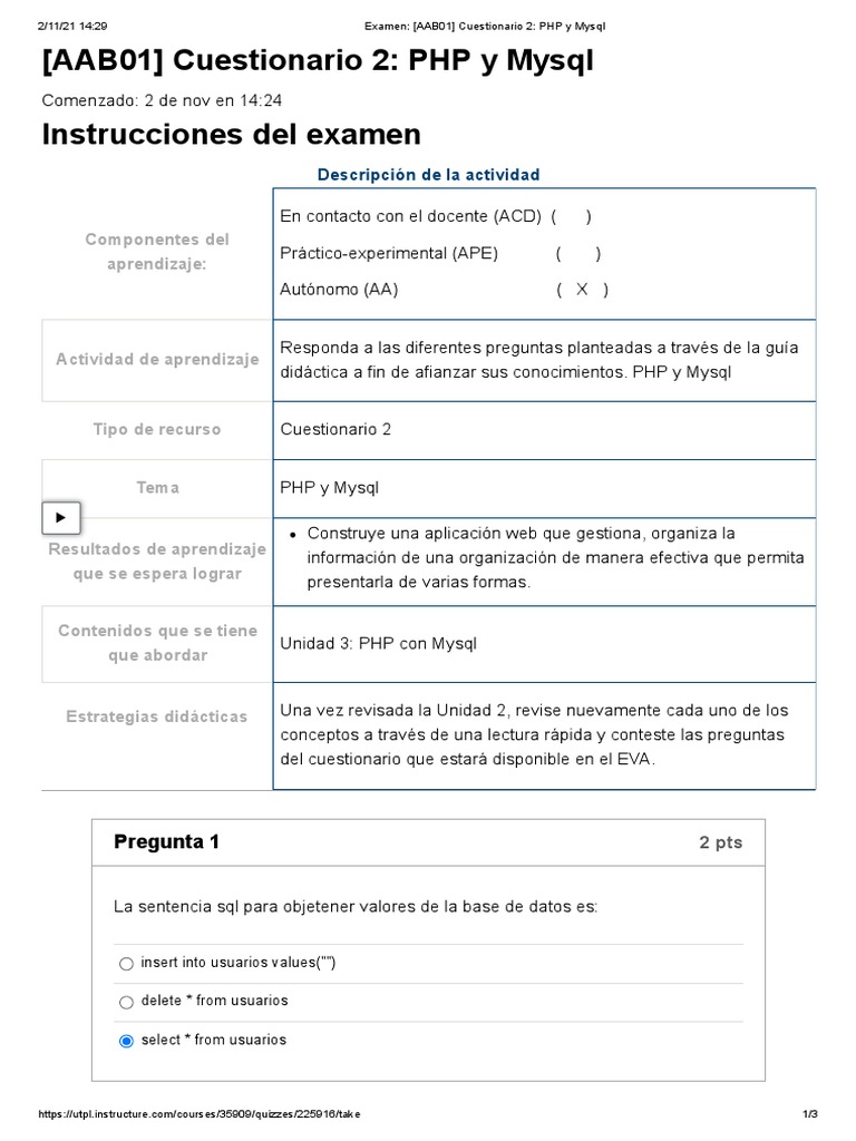 Examen - (AAB01) Cuestionario 2 - PHP y Mysql | PDF | SQL | Mi sql