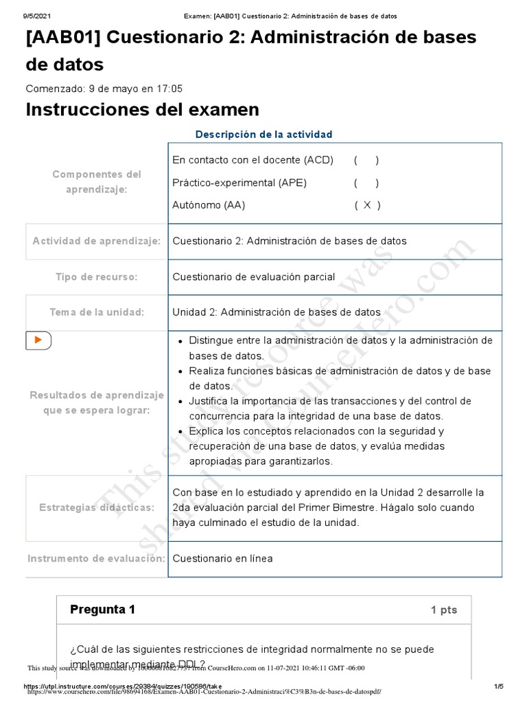 Examen AAB01 Cuestionario 2 Administraci N de Bases de Datos PDF | PDF | Bases de datos | Datos ...