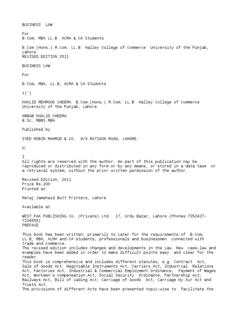 Business Law by Khalid Mehmood Cheema | PDF | Offer And Acceptance ...