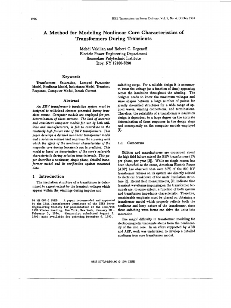 A Method For Modeling Nonlinear Core Characteristics of Transformers During Transients | PDF ...