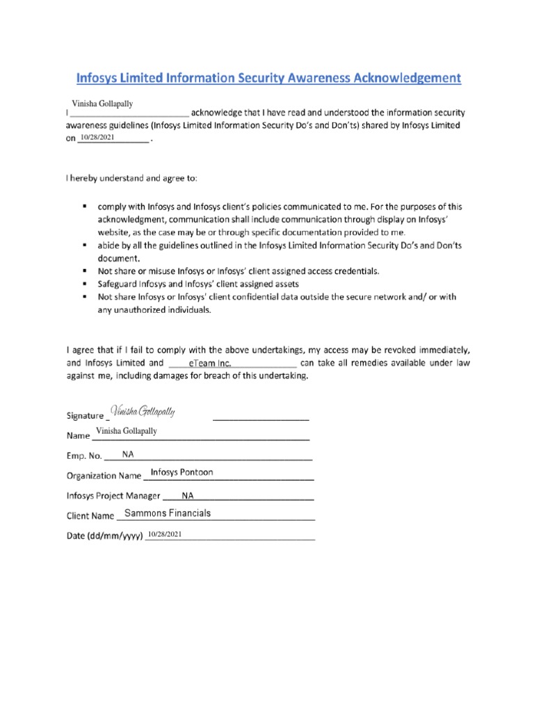 Security Awareness Attestation Form - Infosys | PDF