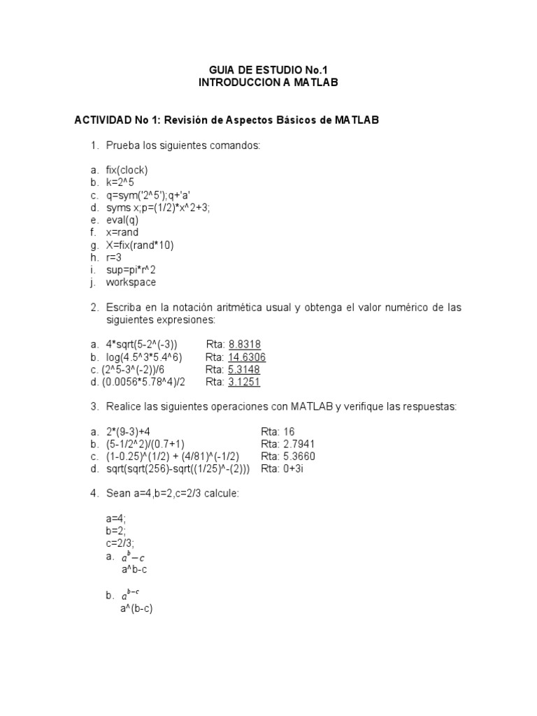 GUIA DE ESTUDIO No.1 INTRODUCCION A MATLAB | PDF | Matriz (Matemáticas) | Matemáticas