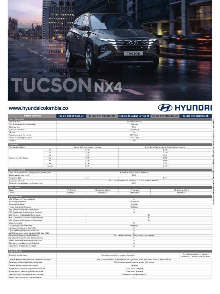 Ficha Técnica Tucson NX4 2021 Colombia | PDF | Airbag | Sistema de ...