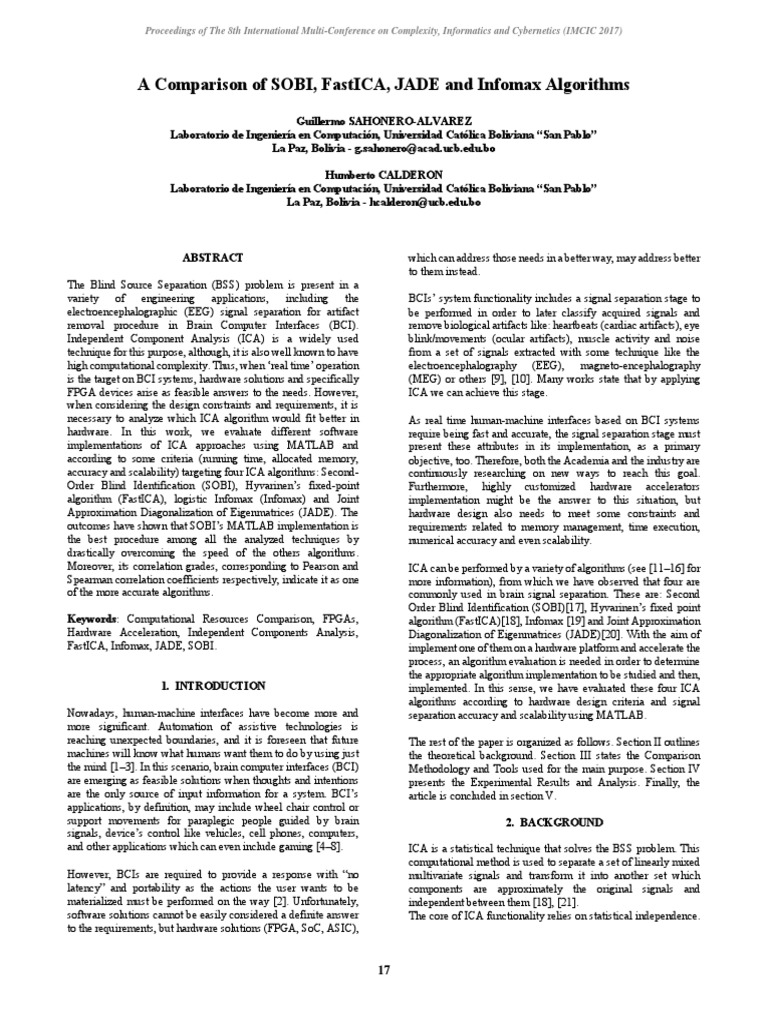 A Comparison of Sobi, Fastica, Jade and Infomax Algorithms | PDF ...