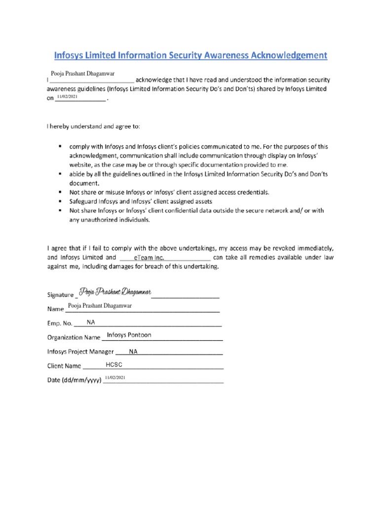 Security Awareness Attestation Form - Infosys | PDF