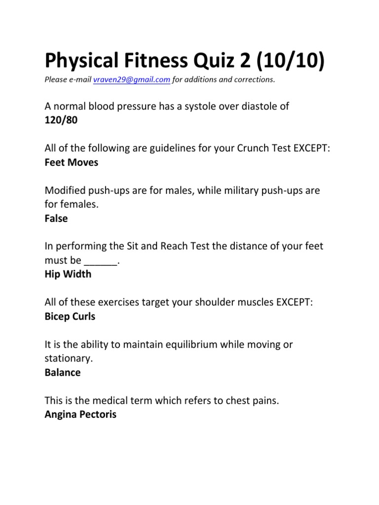 Physical Fitness Quiz Answers | PDF | Wellness