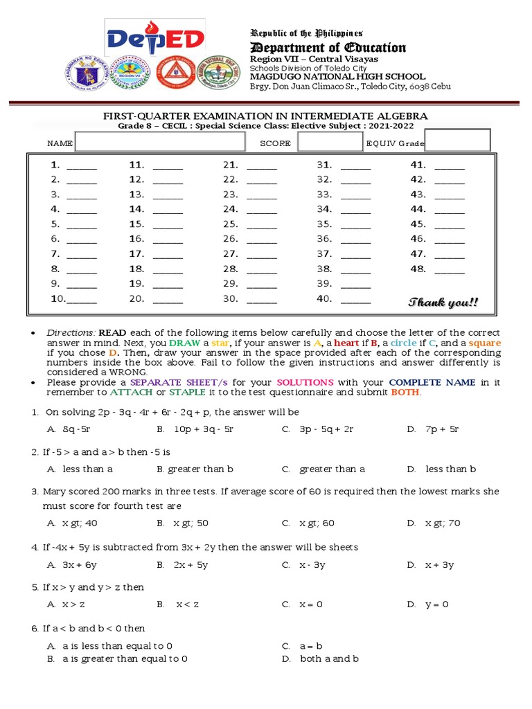 Grade 8 First Quarter Algebra Exam | PDF | Equations | Elementary ...