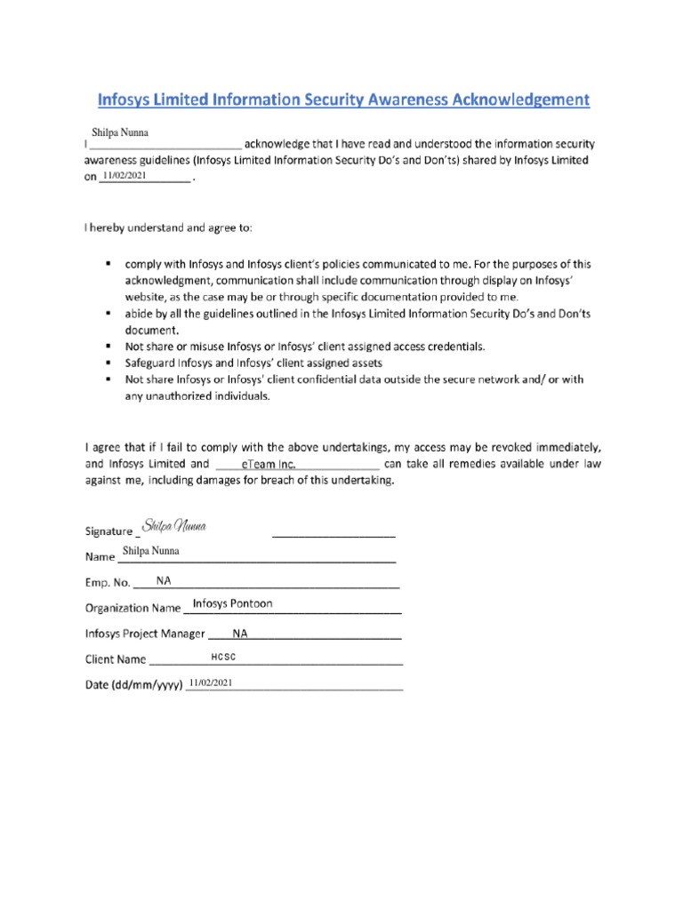 Security Awareness Attestation Form - Infosys | PDF