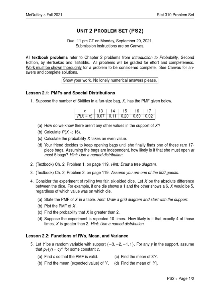 Unit 2 Problem Set | PDF | Variance | Expected Value
