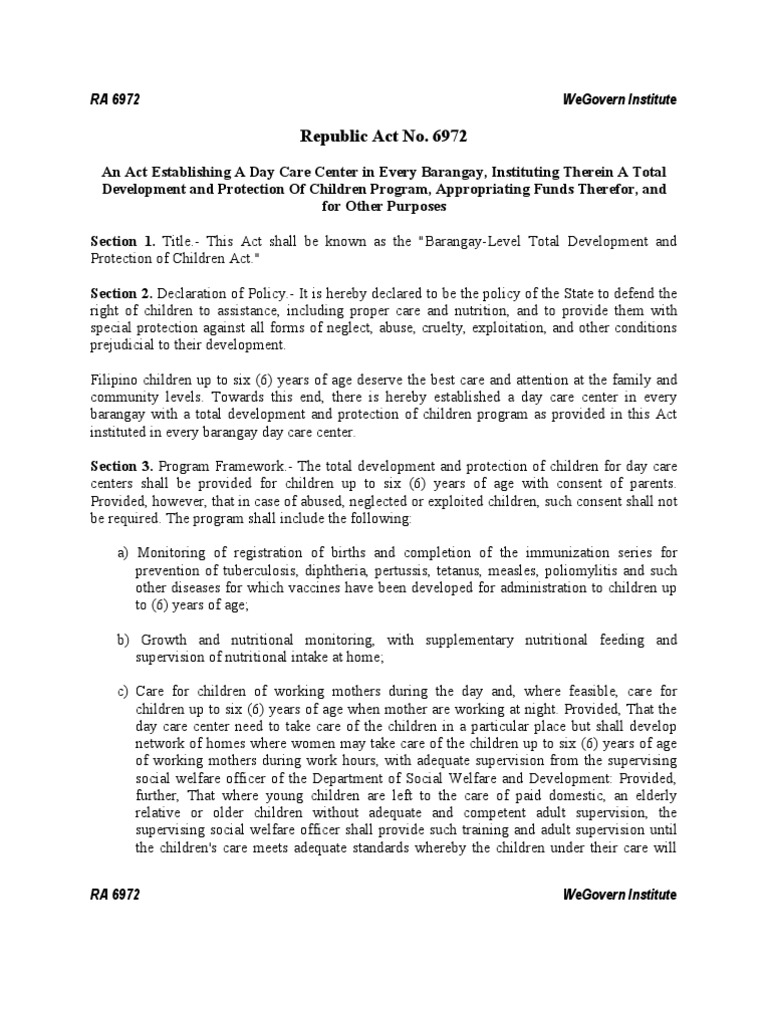 Ra 6972 | PDF | Child Care | Relationships