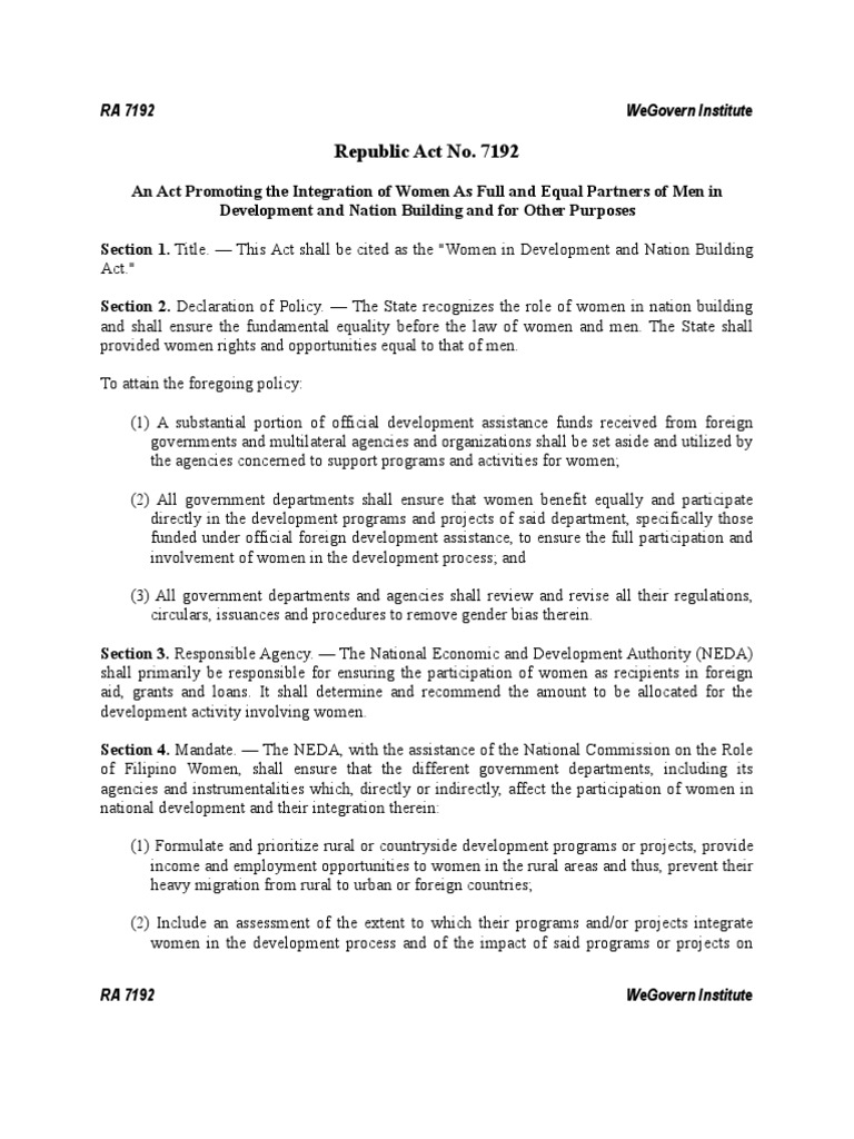 RA 7192: Women in Nation Building Act | PDF | Development Aid | Virtue