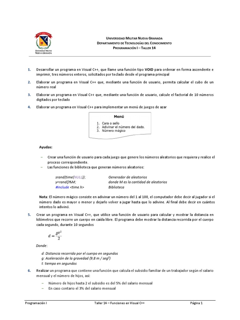 Taller 14 Funciones en Visual C++ | PDF | C ++ | Programación de computadoras