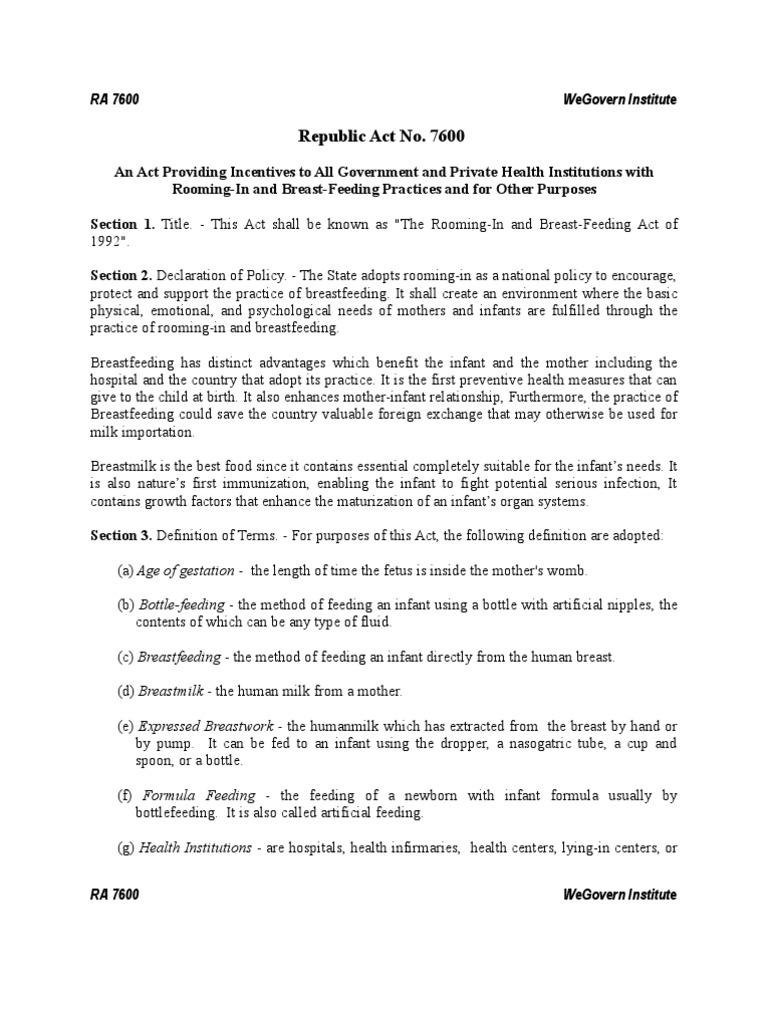 Ra 7600 | PDF | Breastfeeding | Breast Milk