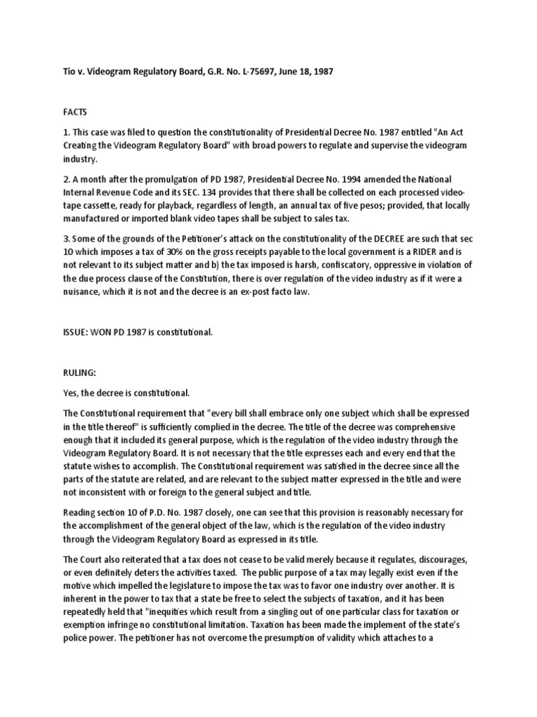 Tio v. Videogram Regulatory Board Ruling | PDF | Decree | Taxes