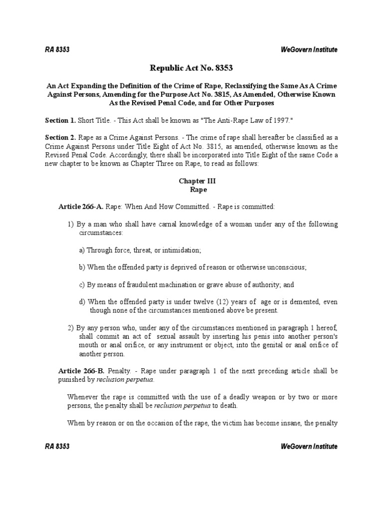 Ra 8353 | PDF | Rape | Crime & Violence