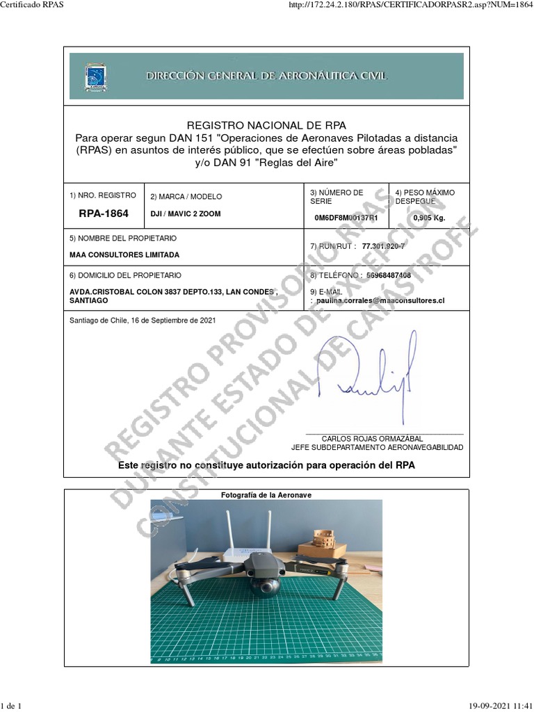 Registro RPA DJI Mavic 2 Zoom en Chile | PDF