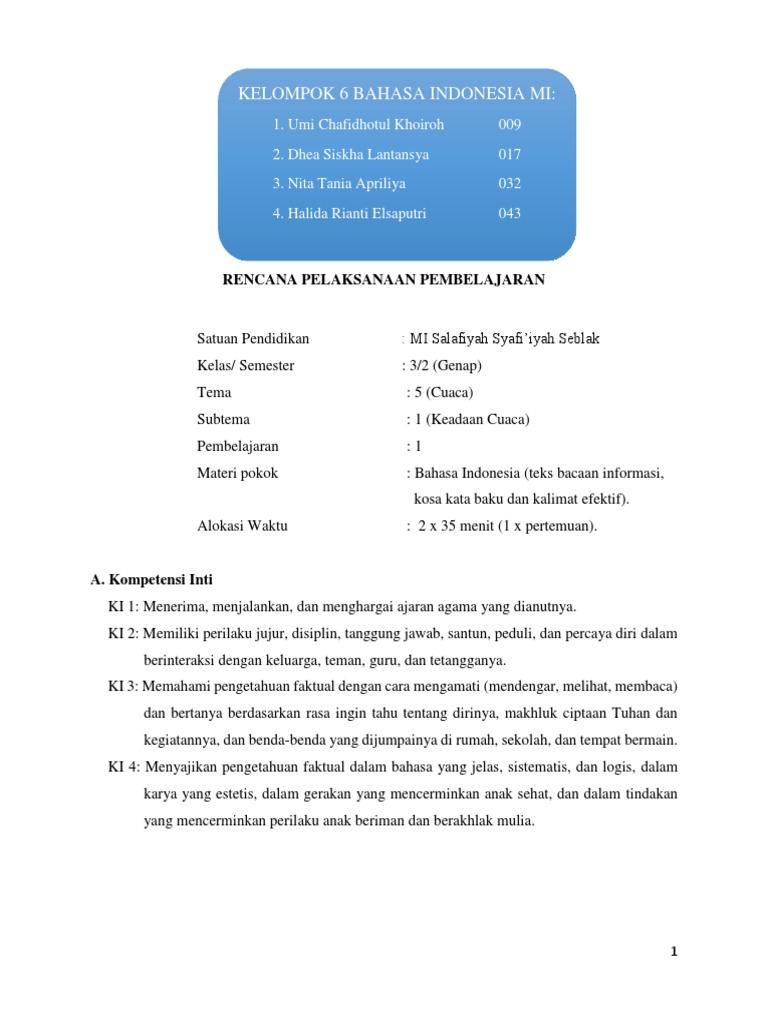 KEL.6 PEMB. BI RPP Keadaan Cuaca Kelas 3 Tema 5 Subtema 1 Pemb.1 | PDF