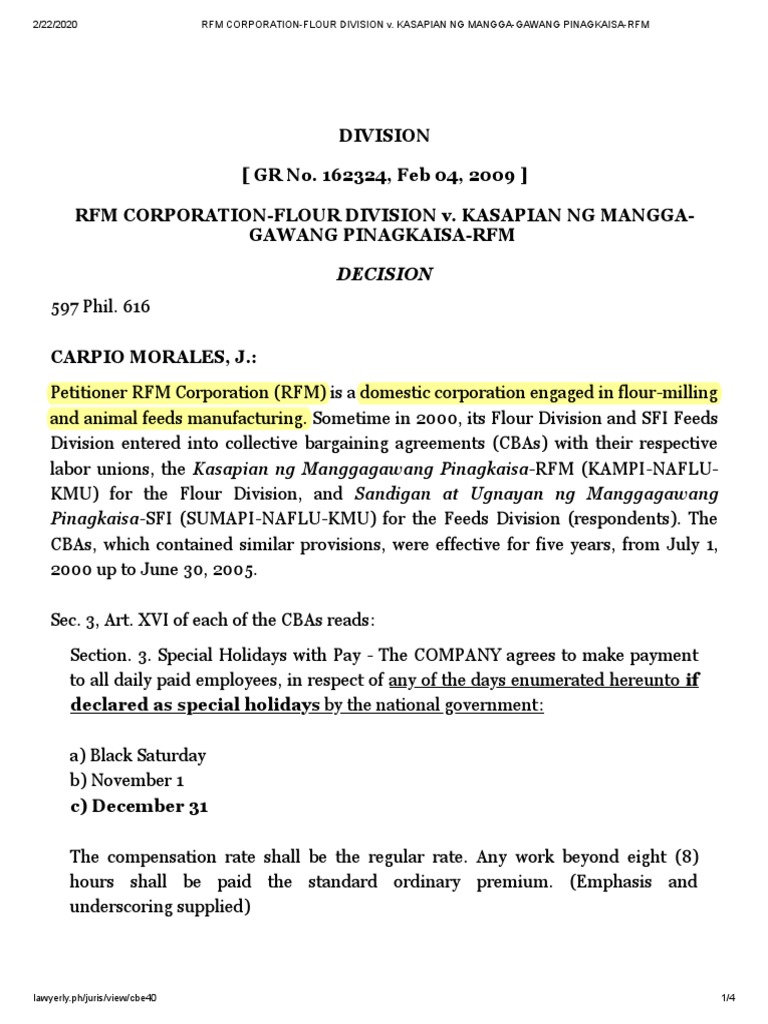 RFM Corporation-Flour Division v. Kasapian NG Mangga-Gawang Pinagkaisa ...