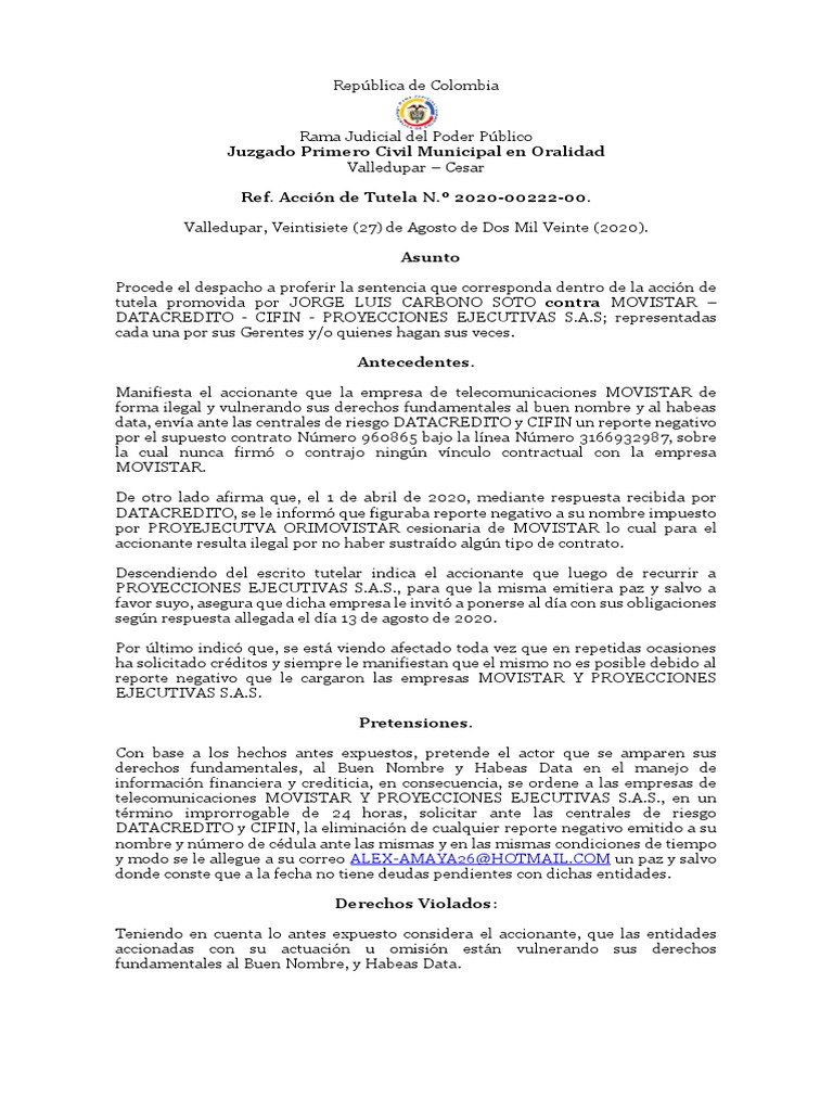 Fallo Tutela 2020-00222 | PDF | Derecho Constitucional | Caso de ley