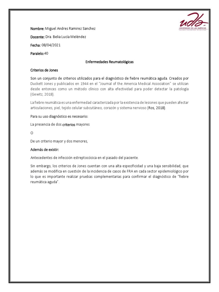 Criterios de Jones para Fiebre Reumática | PDF | Ciencias de la Salud ...