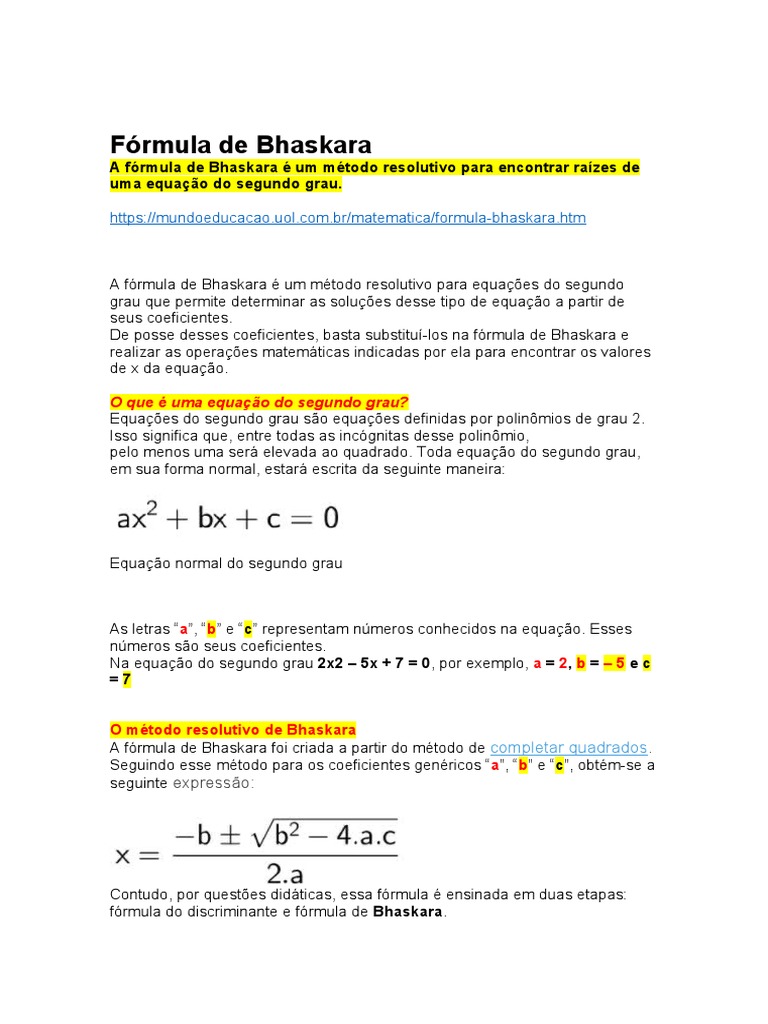 Fórmula de Bhaskara | PDF | Equação quadrática | Equações