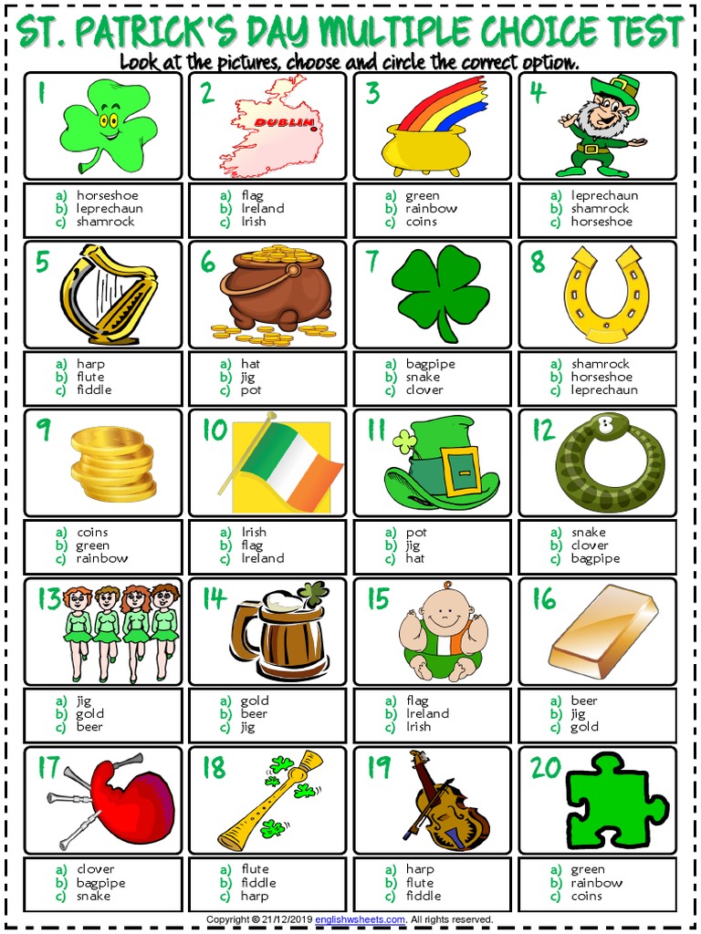 Saint Patricks Day Vocabulary Esl Multiple Choice Test For Kids | PDF ...