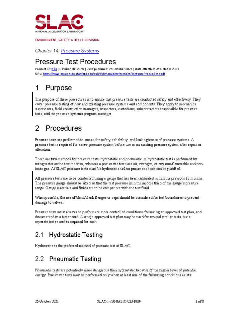 Pressure Test Procedures 1 Purpose: 2.1 Hydrostatic Testing 2.2 ...