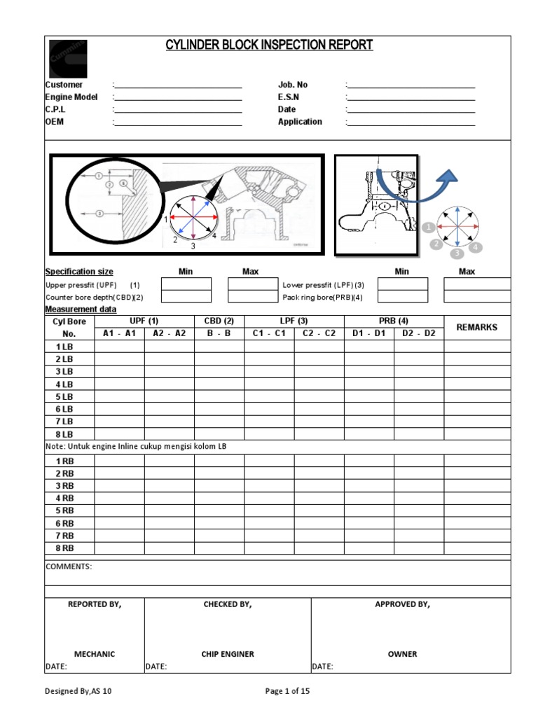 Cylinder Block Inspection Report | PDF | Piston | Microsoft Excel