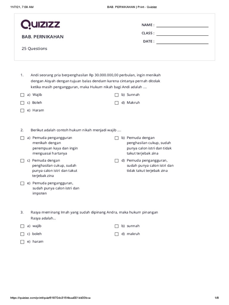 Bab. Pernikahan - Print - Quizizz | PDF