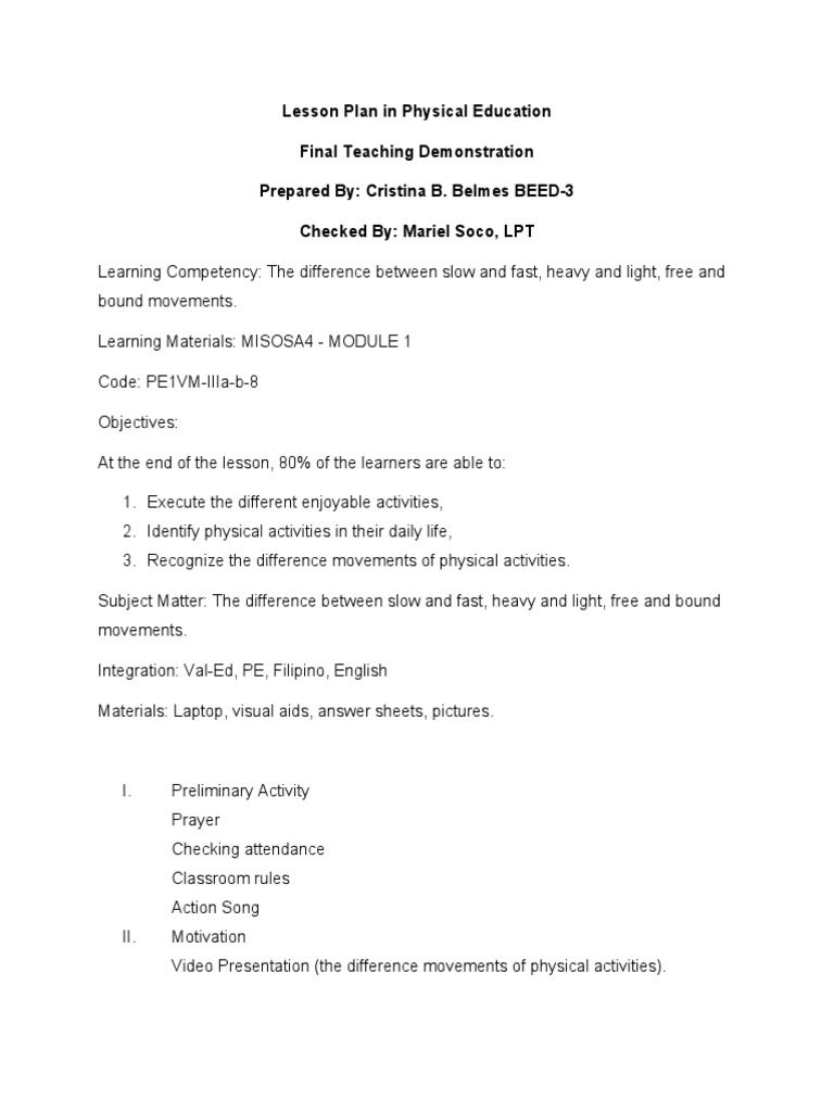 Lesson Plan in Physical Education Final Teaching Demonstration Prepared ...