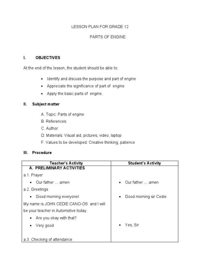 Lesson Plan John Cedie | PDF | Piston | Engines