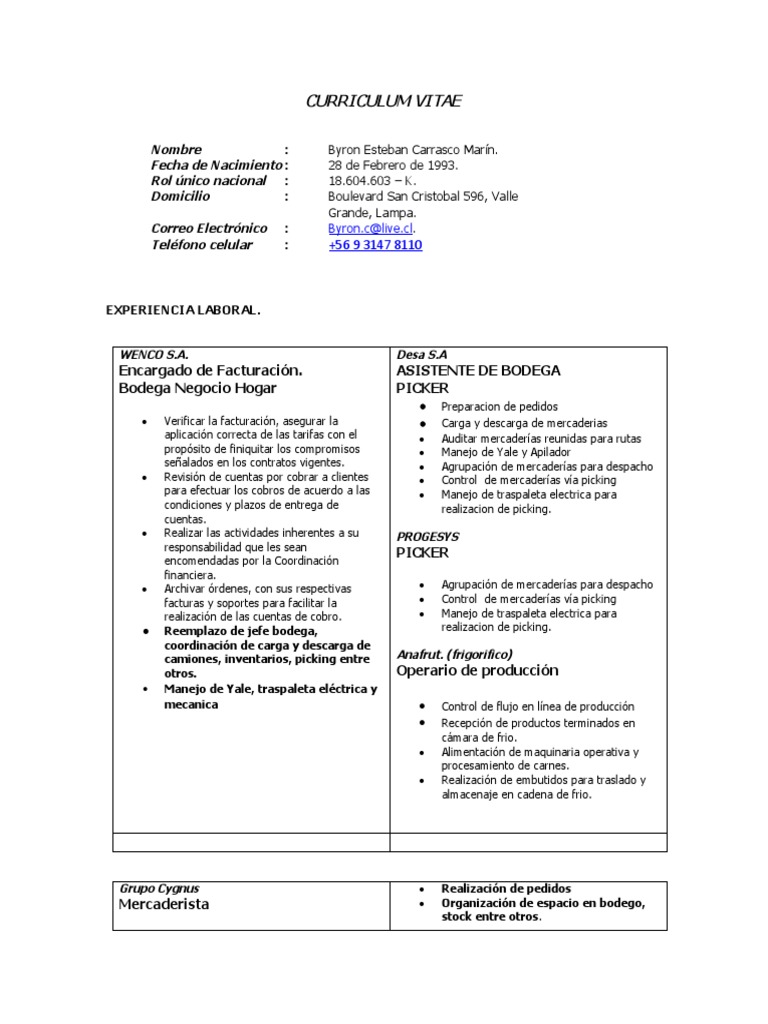 Currículum Vitae de Byron Esteban Carrasco Marín con experiencia en bodegaje, ventas y ...