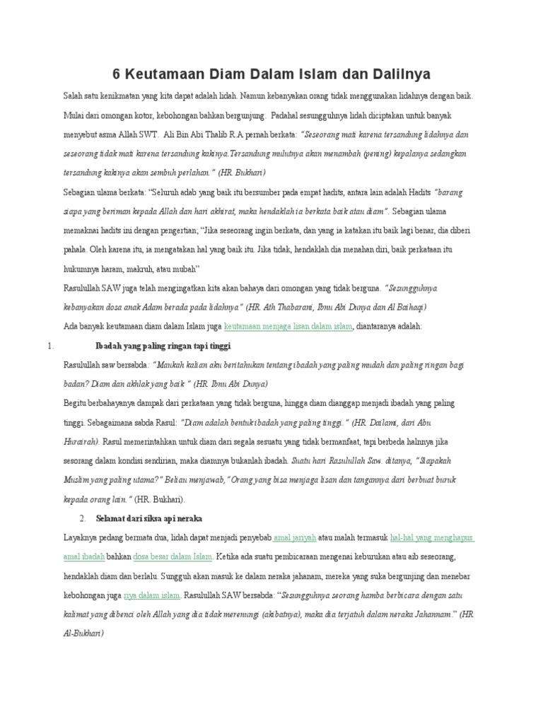 6 Keutamaan Diam Dalam Islam Dan Dalilnya | PDF