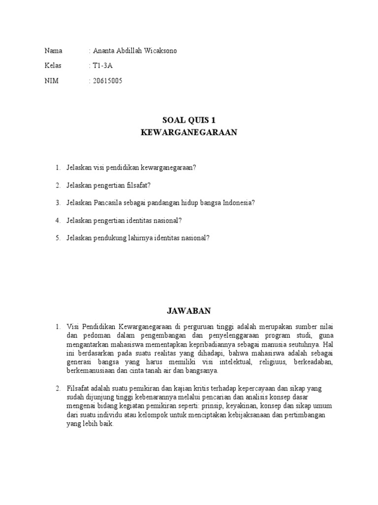 Soal Kuis 1 Kewarganegaraan | PDF