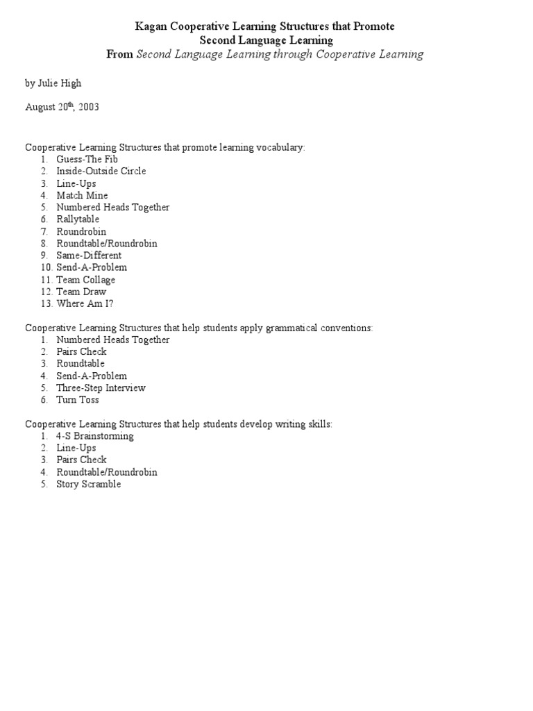 Cooperative Learning Structures That Promote Second Language Learning ...