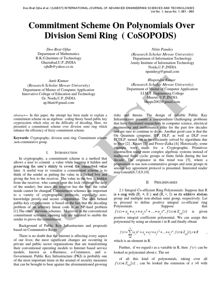 11 IJAEST Volume No 1 Issue No 1 Commitment Scheme On Polynomials Over Division Semi Ring ...