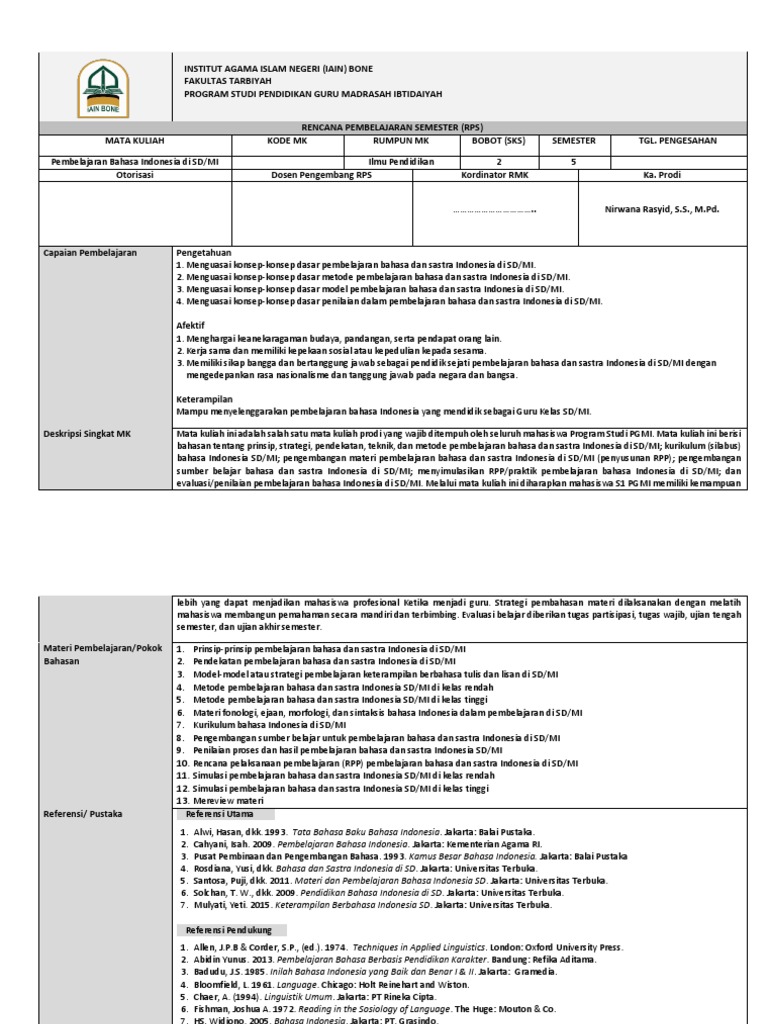 RPS PGMI-Pembelajaran Bindo Di SD | PDF